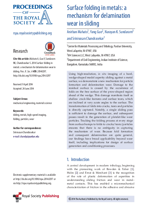 (PDF) Surface folding in metals: a mechanism for delamination wear in ...