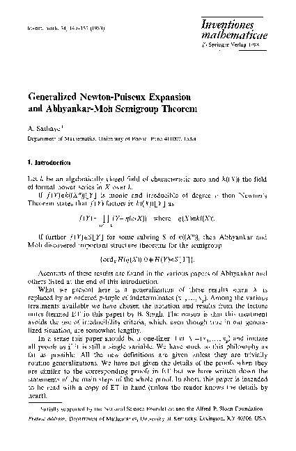 (PDF) Generalized Newton-Puiseux expansion and Abhyankar-Moh semigroup theorem