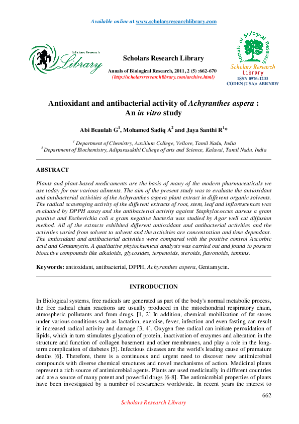 (PDF) Antioxidant and antibacterial activity of Achyranthes aspera: An in vitro study