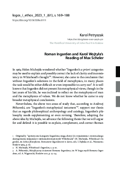 (PDF) Roman Ingarden and Karol Wojtyła's Reading of Max Scheler
