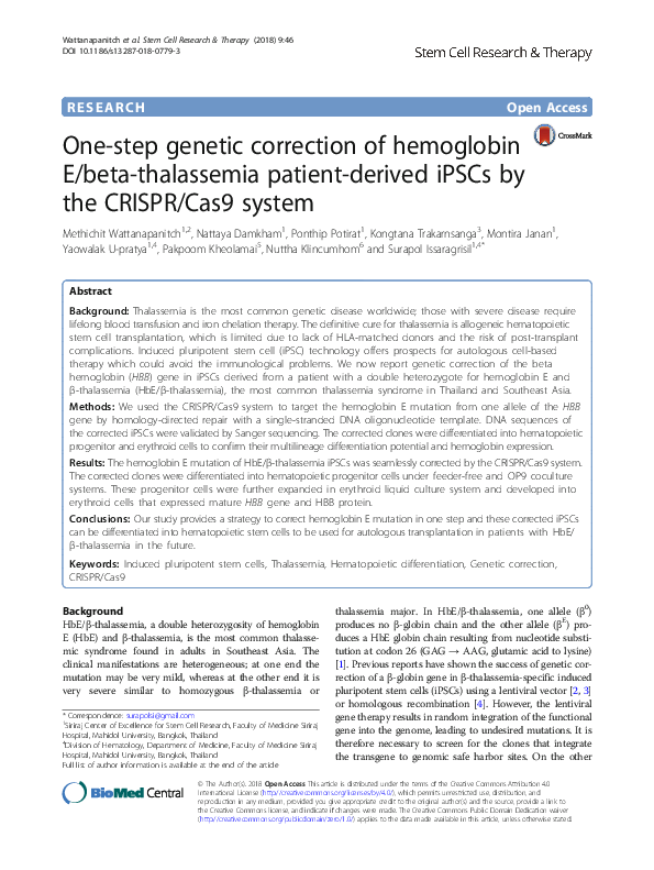 (PDF) One-step genetic correction of hemoglobin E/beta-thalassemia ...