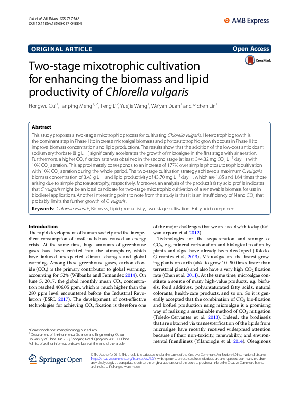 (PDF) Two-stage mixotrophic cultivation for enhancing the biomass and lipid productivity of ...