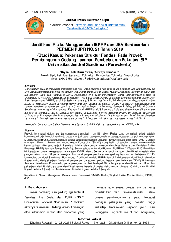 (PDF) Identifikasi Risiko Menggunakan IBPRP dan JSA Berdasarkan PERMEN ...