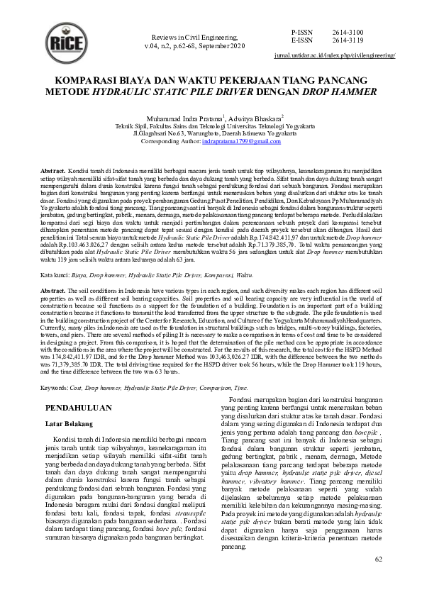 (PDF) Komparasi Biaya Dan Waktu Pekerjaan Tiang Pancang Metode Hydraulic Static Pile Driver ...