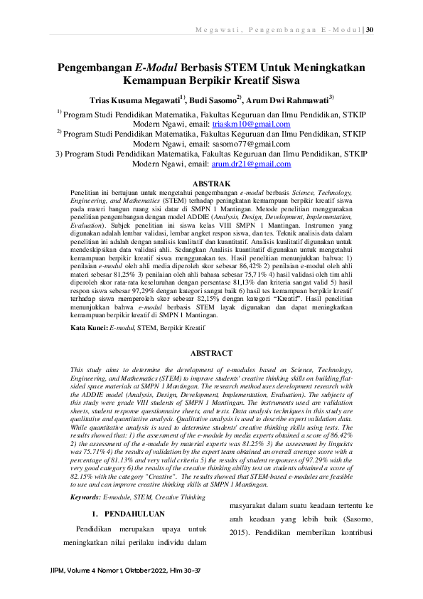 (PDF) Pengembangan E-Modul Berbasis STEM untuk Meningkatkan Kemampuan Berpikir Kreatif Siswa