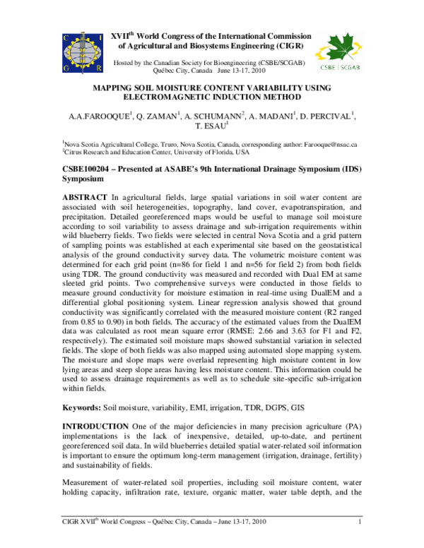 (PDF) Mapping Soil Moisture Content Variability Using Electromagnetic Induction Method