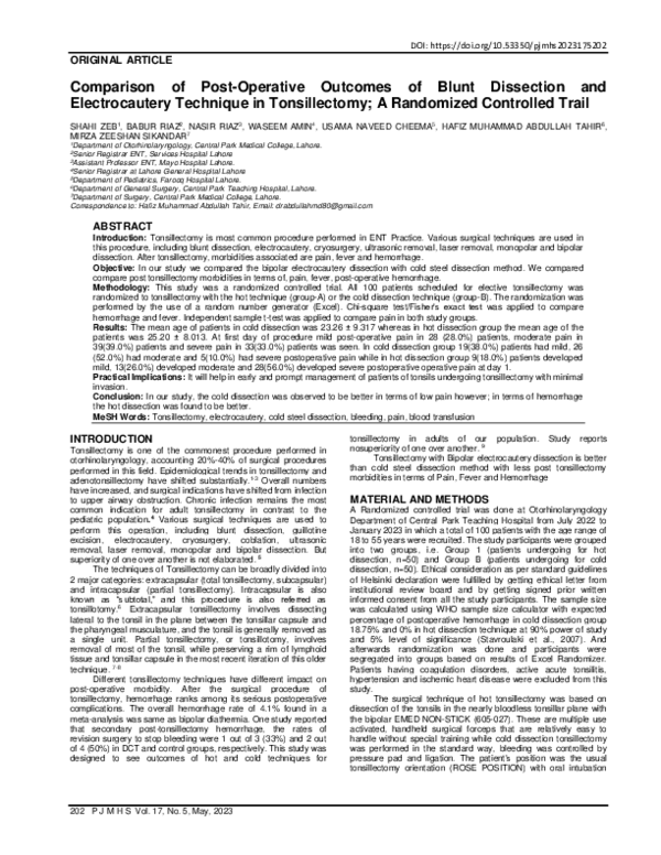 (PDF) Comparison of Post-Operative Outcomes of Blunt Dissection and ...