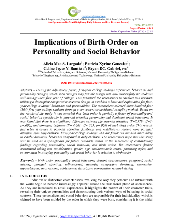 (PDF) Implications of Birth Order on Personality and Social Behavior