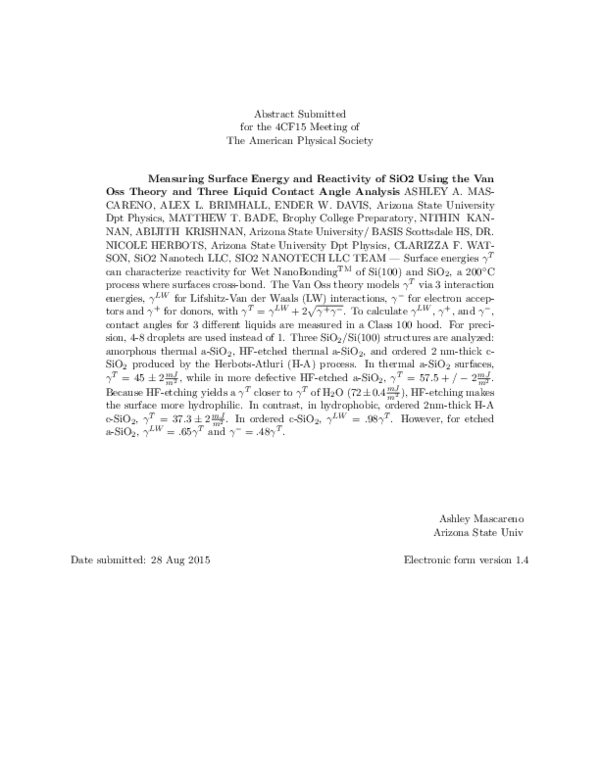 (PDF) Measuring Surface Energy and Reactivity of SiO2 Using the Van Oss ...