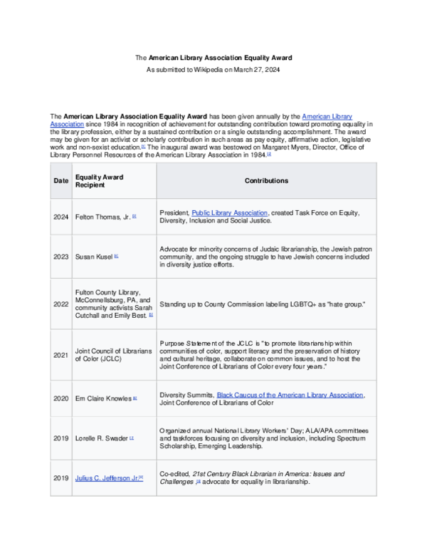 (PDF) The American Library Association Equality Award
