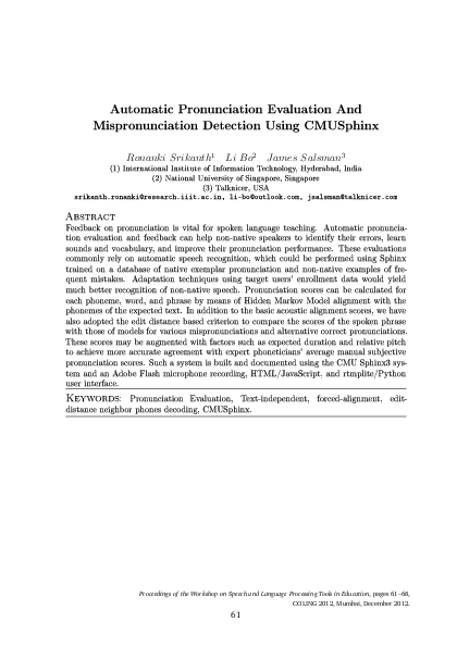 (PDF) Automatic Pronunciation Scoring And Mispronunciation Detection Using CMUSphinx