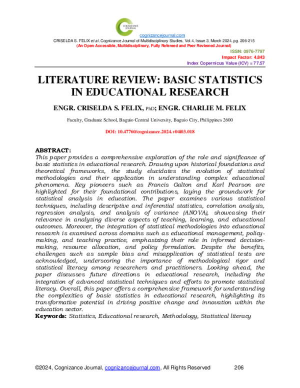 (PDF) LITERATURE REVIEW: BASIC STATISTICS IN EDUCATIONAL RESEARCH