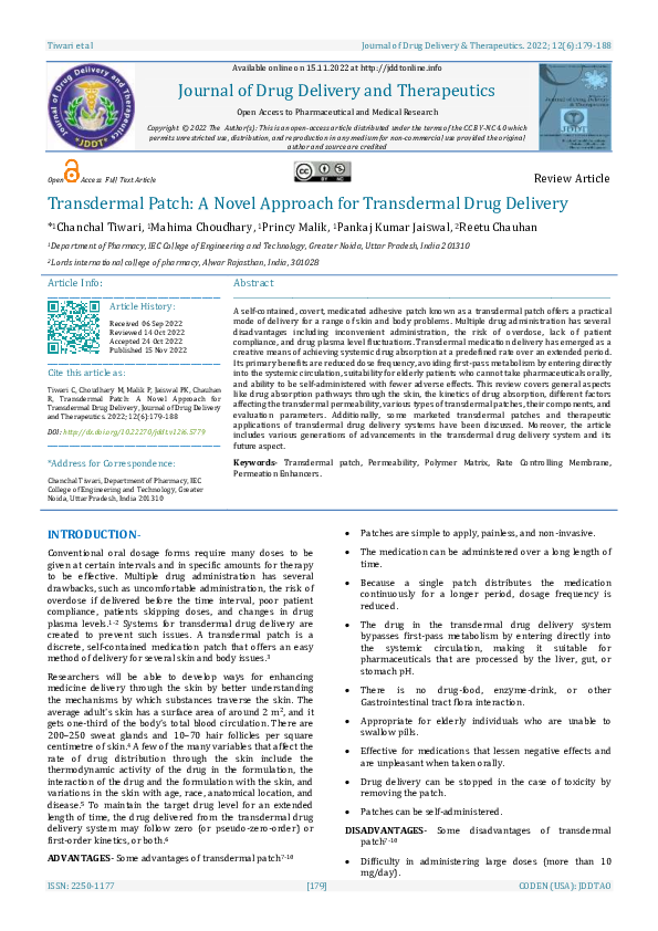 (PDF) Transdermal Patch: A Novel Approach for Transdermal Drug Delivery