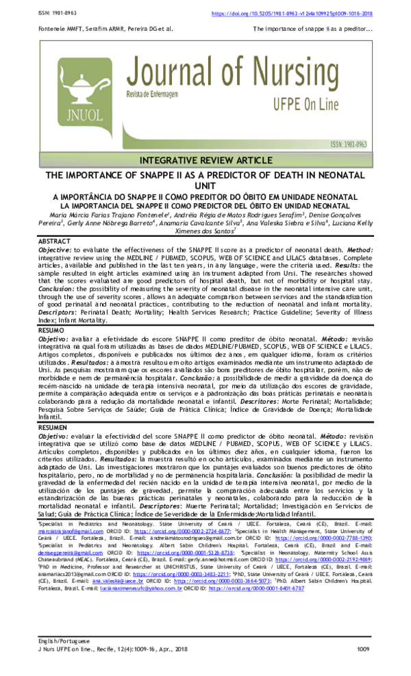 (PDF) A importância do snappe ii como preditor do óbito em unidade neonatal