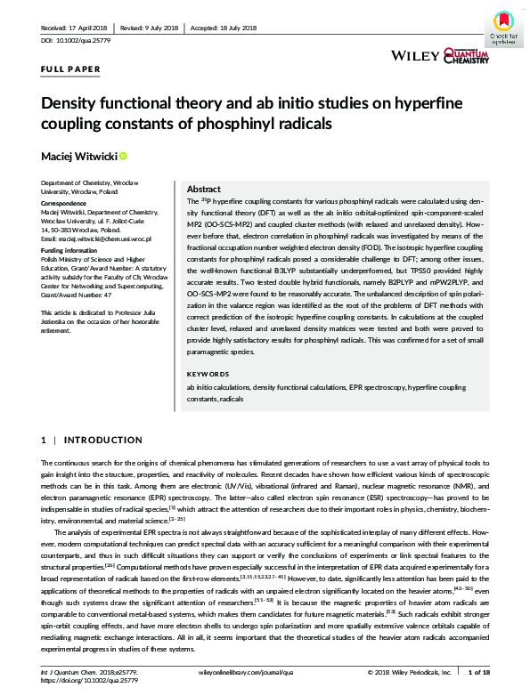 (PDF) Density Functional Theory and ab Initio Studies of the Structure and Energetics of ...