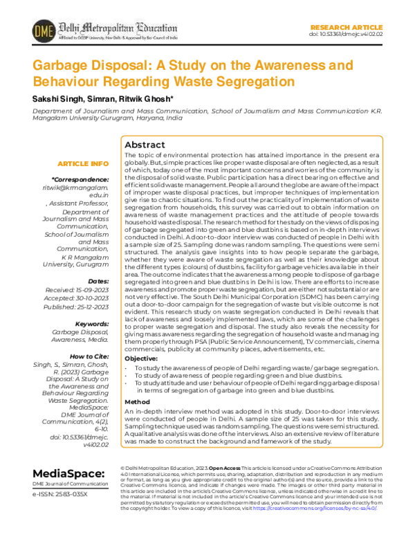 (PDF) Garbage Disposal: A Study on the Awareness and Behaviour ...
