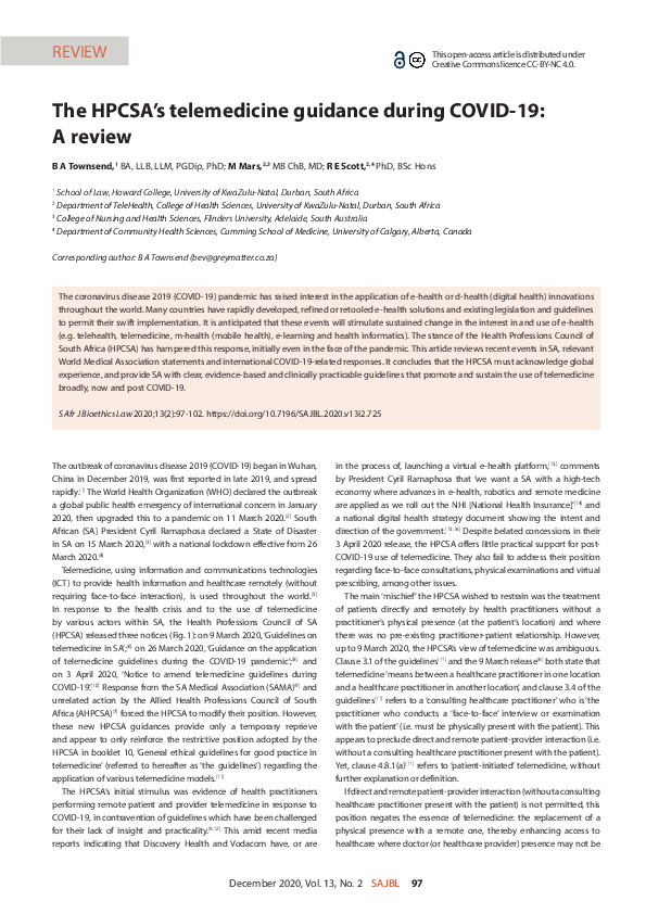 (PDF) The HPCSA’s telemedicine guidance during COVID-19: A review