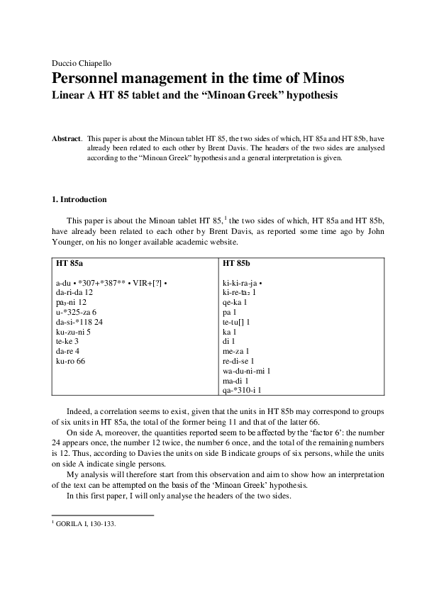 (PDF) Personnel management in the time of Minos. Linear A HT 85 tablet ...