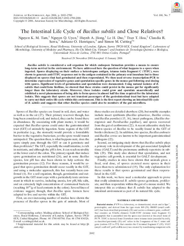 (PDF) The Intestinal Life Cycle of Bacillus subtilis and Close Relatives