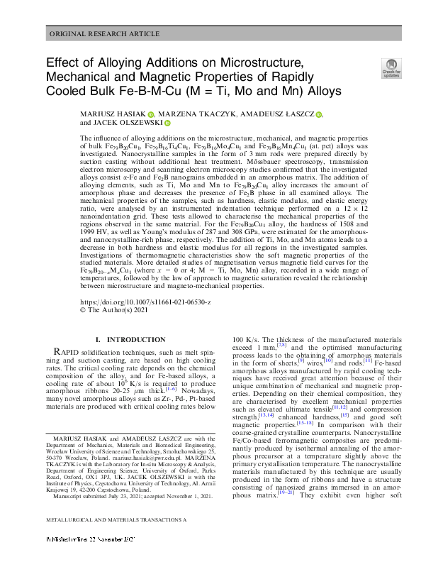 (PDF) Microstructural and Magnetic Analysis of Fe-B-Cu Alloys