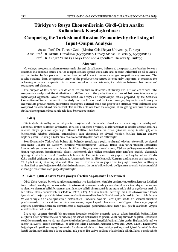 (PDF) Comparing the Turkish and Russian Economies by the Using of Input-Output Analysis