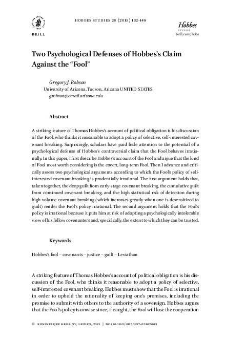(PDF) Two Psychological Defenses of Hobbes’s Claim Against the “Fool”