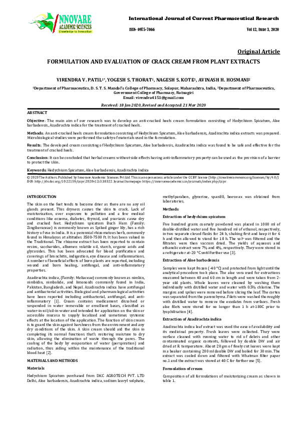 (PDF) Formulation and Evaluation of Crack Cream from Plant Extracts