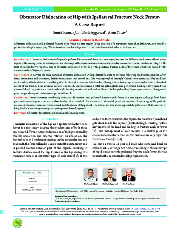 (PDF) Obturator Dislocation of Hip with Ipsilateral Fracture Neck Femur ...