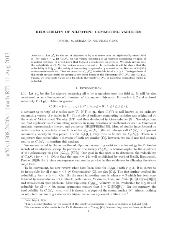 (PDF) Reducibility of nilpotent commuting varieties