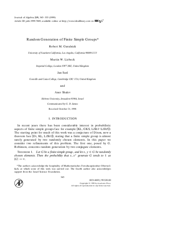 (PDF) Random Generation of Finite Simple Groups