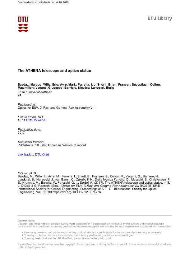(PDF) The Athena telescope and optics status