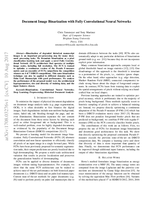 (PDF) Document Image Binarization with Fully Convolutional Neural Networks