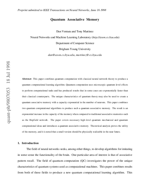 (PDF) Quantum associative memory