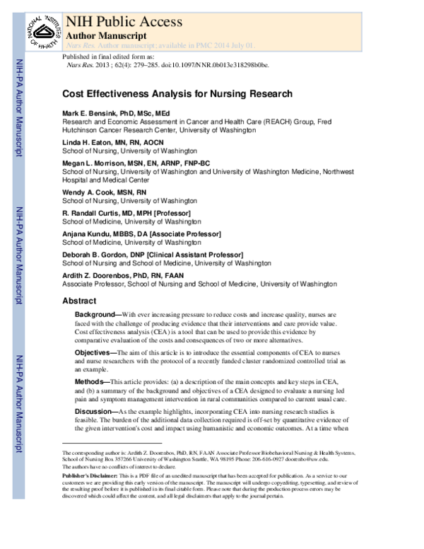 (PDF) Cost effectiveness analysis for nursing research