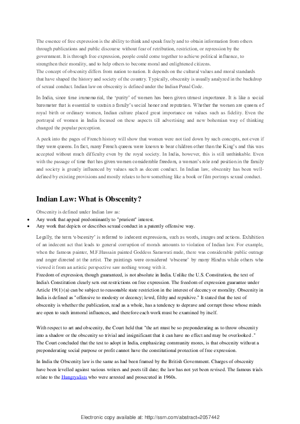 (PDF) Obscenity: Analysis of Indian and US Laws