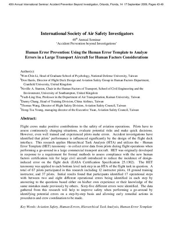 (PDF) Human error prevention: using the human error template to analyze ...