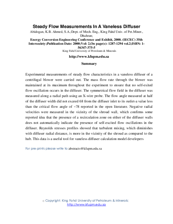 (PDF) Steady flow measurements in a vaneless diffuser