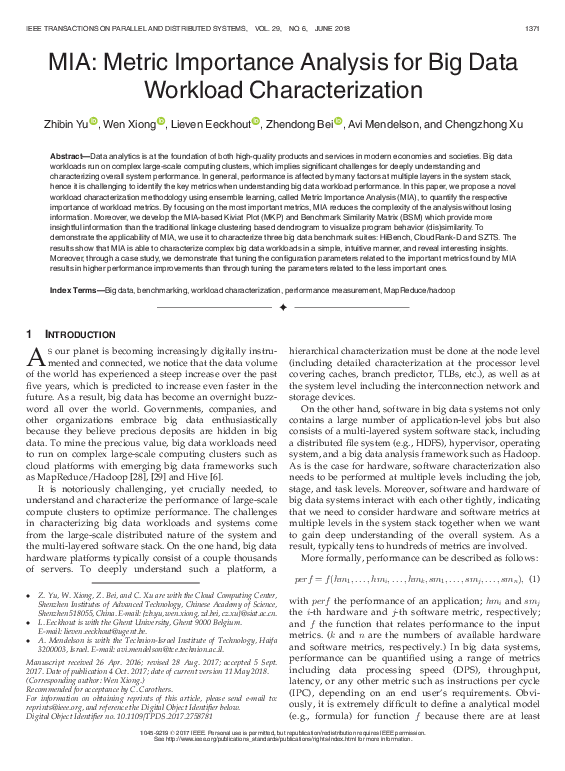 (PDF) MIA: Metric Importance Analysis for Big Data Workload Characterization