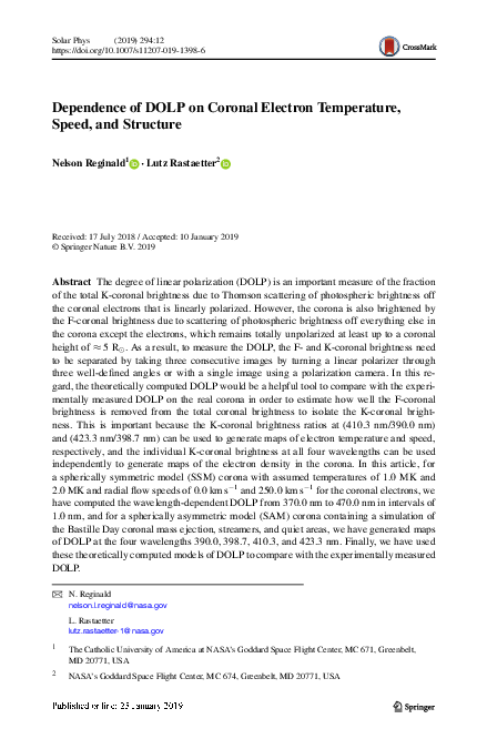 (PDF) Dependence of DOLP on Coronal Electron Temperature, Speed, and ...