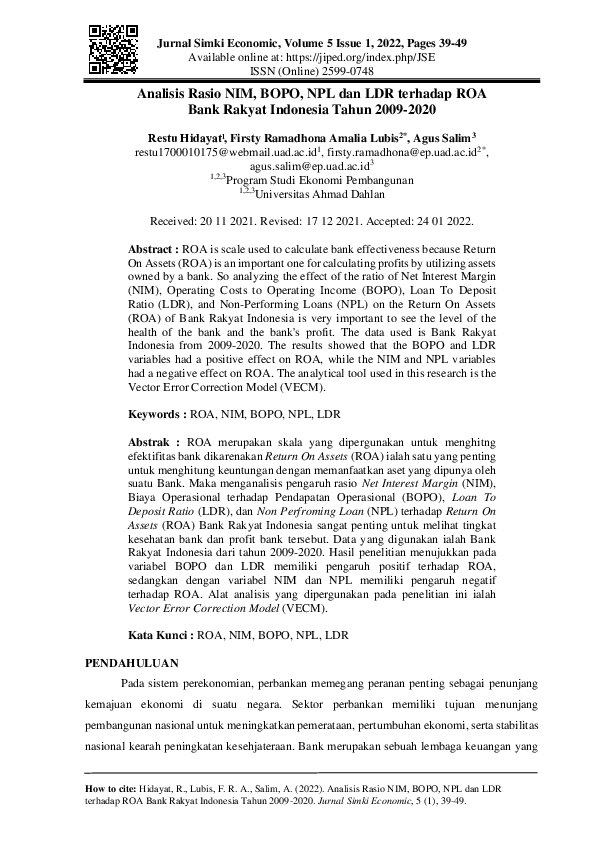 (PDF) Analisis Rasio NIM, BOPO, NPL dan LDR terhadap ROA Bank Rakyat Indonesia Tahun 2009-2020 ...
