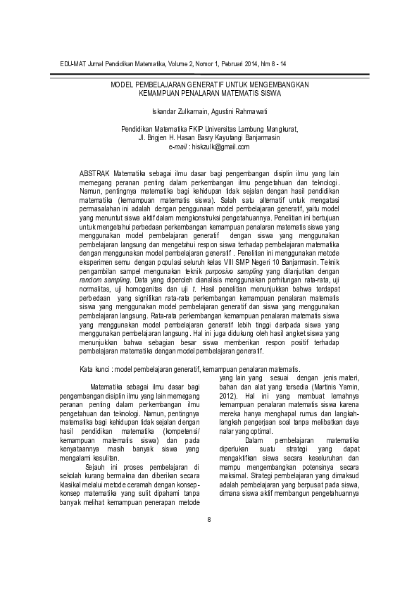 (PDF) Model Pembelajaran Generatif untuk Mengembangkan Kemampuan Penalaran Matematis Siswa