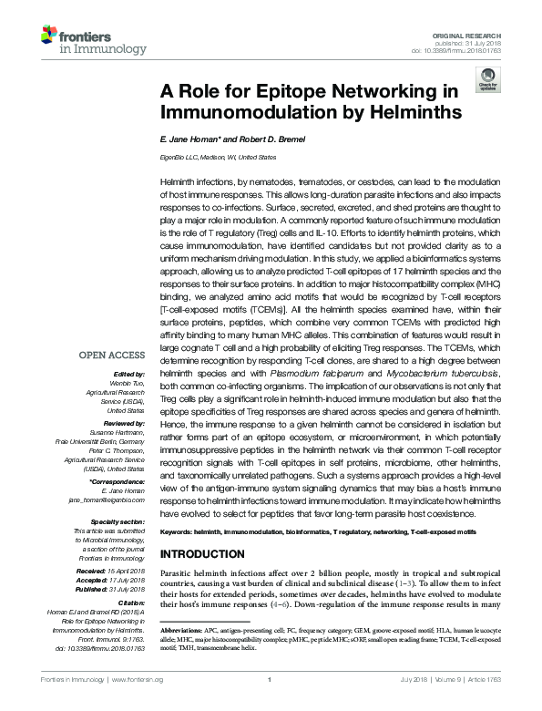 (PDF) A Role for Epitope Networking in Immunomodulation by Helminths