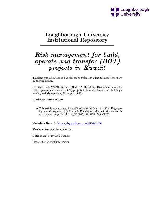 (PDF) Risk Management Framework for Build, Operate and Transfer (Bot) Projects in Kuwait