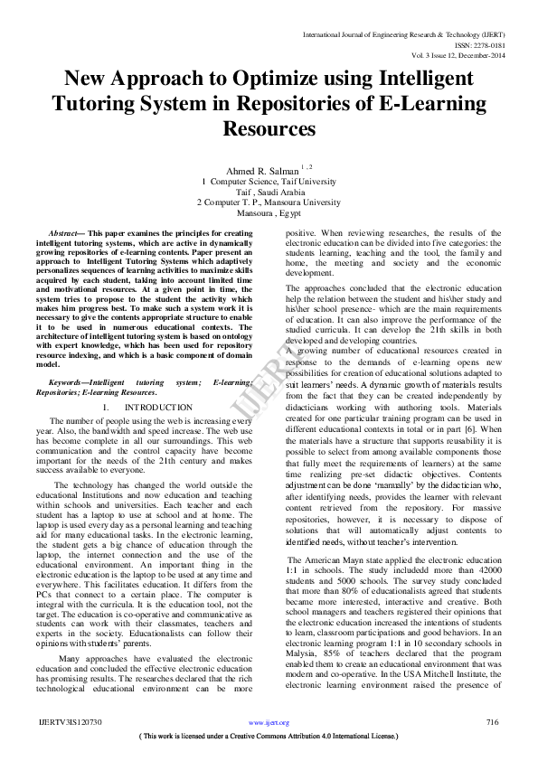 (PDF) New Approach to Optimize using Intelligent Tutoring System in Repositories of E-Learning ...