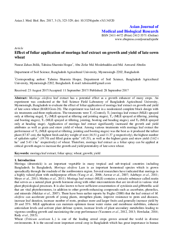 Pdf The Effect Of Foliar Application Of Moringa Leaf Extract On