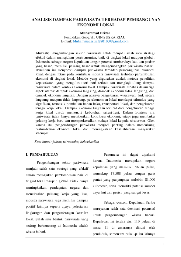 (PDF) ANALISIS DAMPAK PARIWISATA TERHADAP PEMBANGUNAN EKONOMI LOKAL