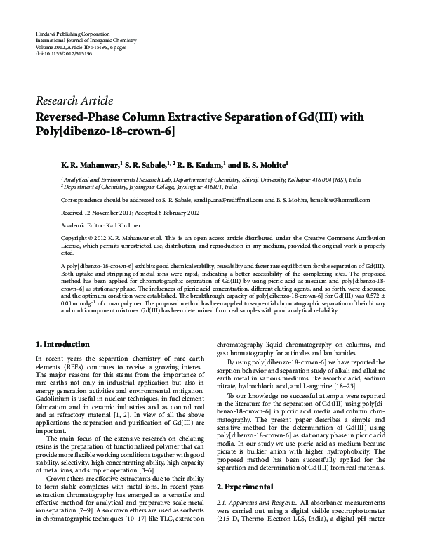 (PDF) Reversed-Phase Column Extractive Separation of Gd(III) with Poly ...