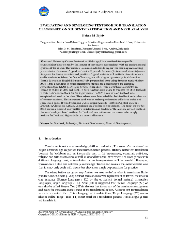 (PDF) EVALUATING AND DEVELOPING TEXTBOOK FOR TRANSLATION CLASS BASED ON ...