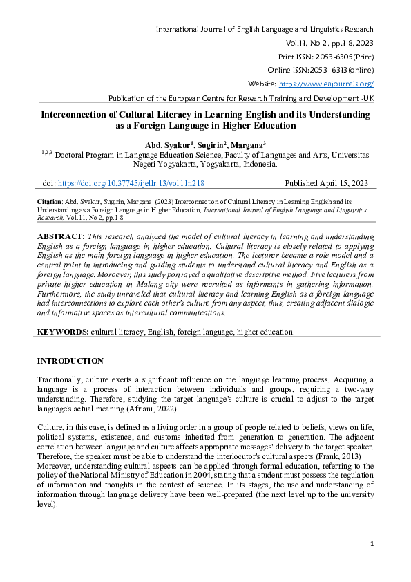 (PDF) Interconnection of Cultural Literacy in Learning English and its ...