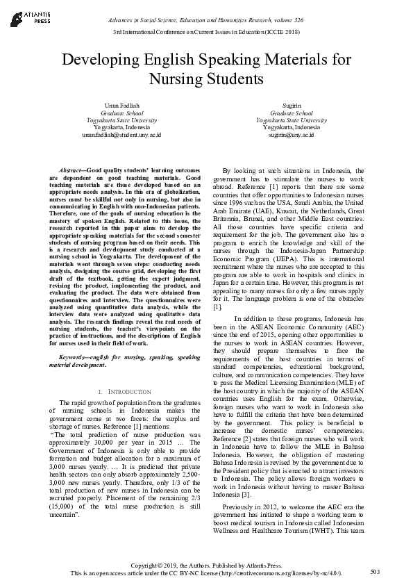 (PDF) Developing English Speaking Materials for Nursing Students